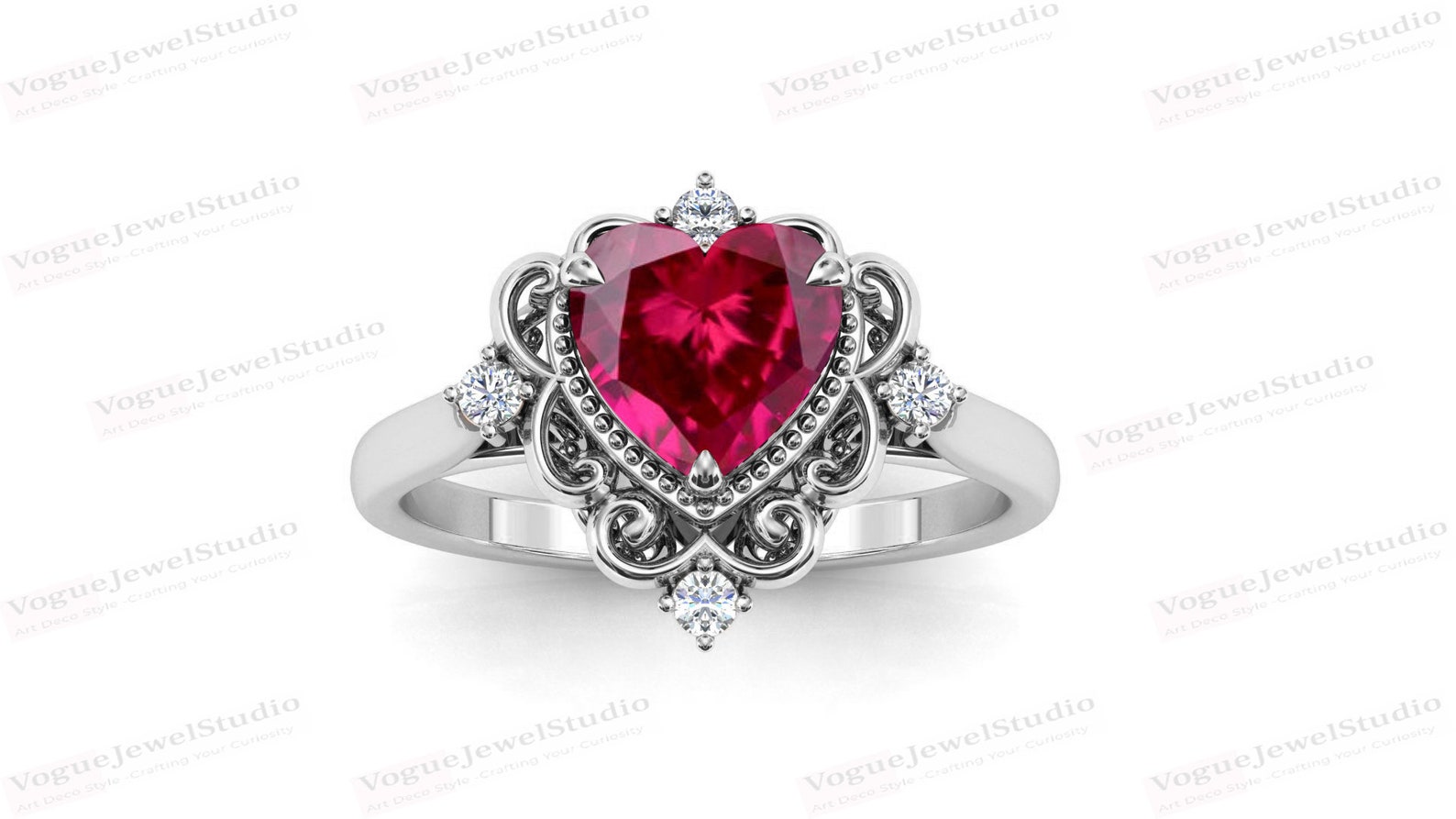 Art Deco Heart Shaped Ruby Engagement Ring Antique Filigree Design Ruby ...