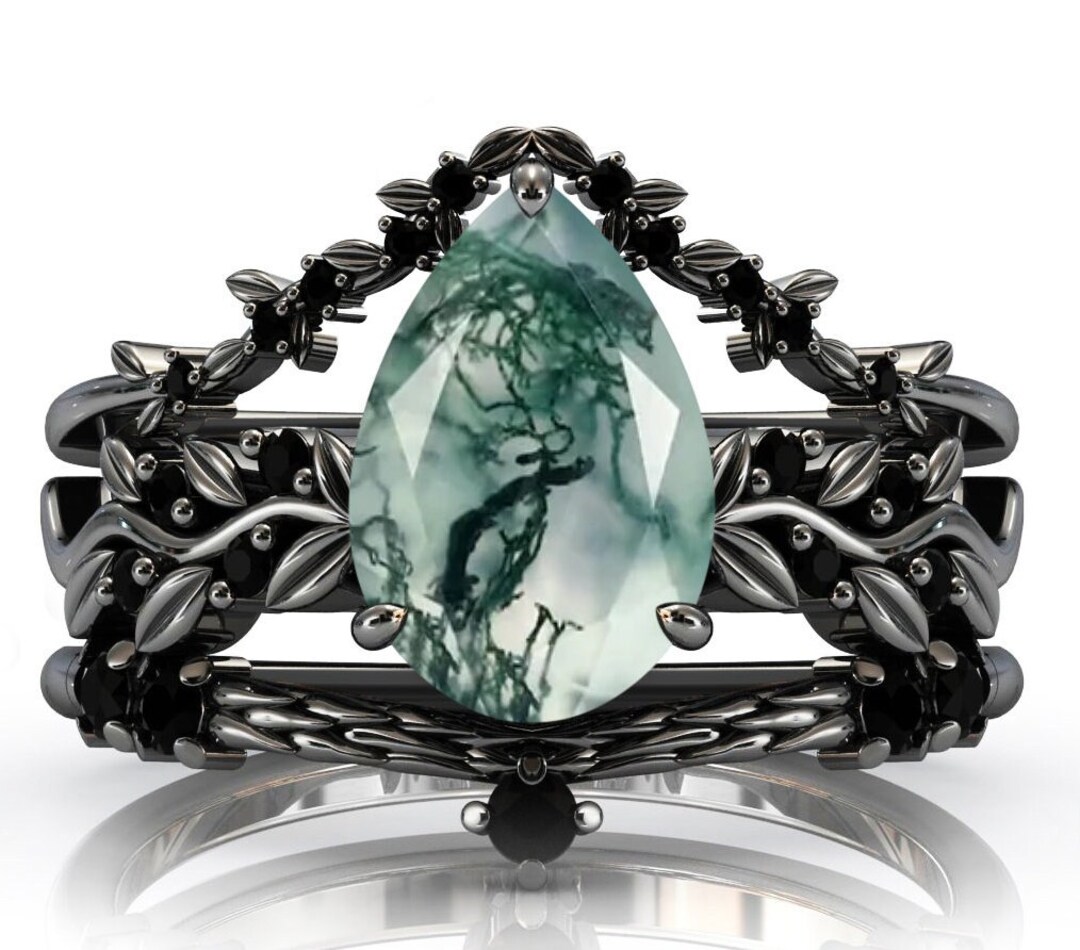 Vine Leaf Style Moss Agate Engagement Ring Set Pear Shaped Moss Agate 3piece Bridal Ring Set 925 ...