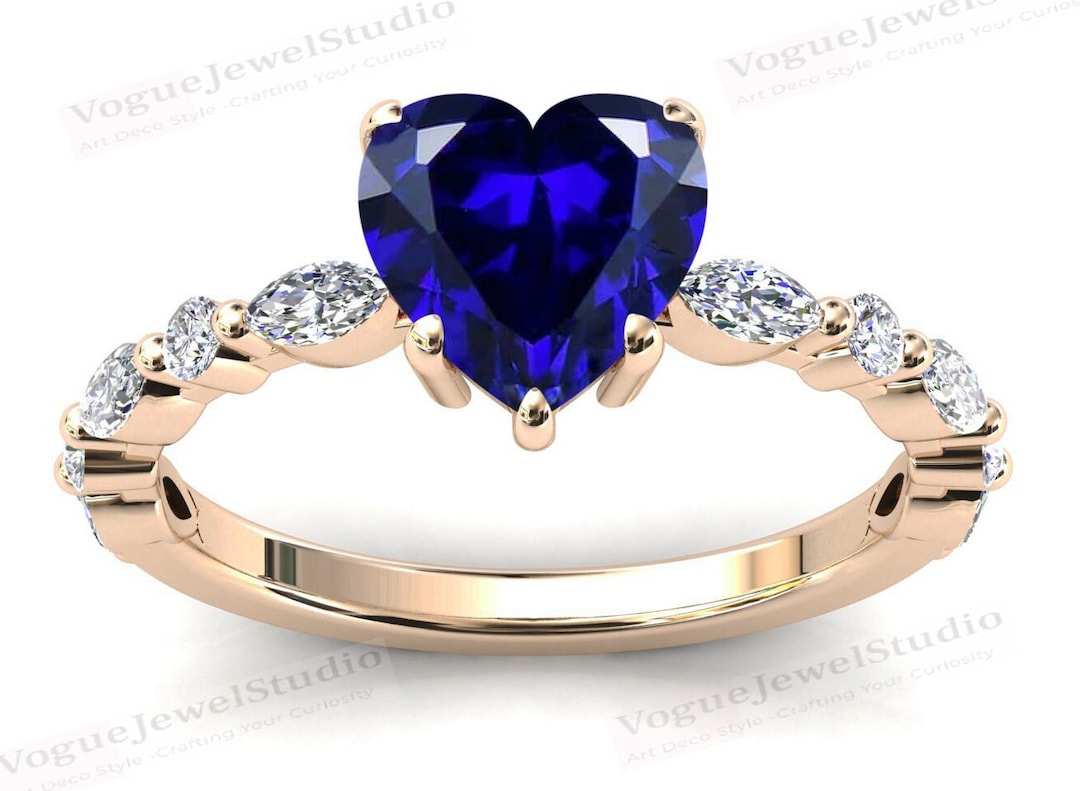 Heart Shaped Blue Sapphire Engagement Ring 14k Gold Blue Sapphire Solitaire Wedding Ring Heart ...
