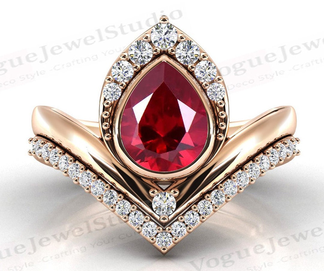 14k Gold Ruby Engagement Ring Set Vintage Ruby Wedding Ring Set Pear ...
