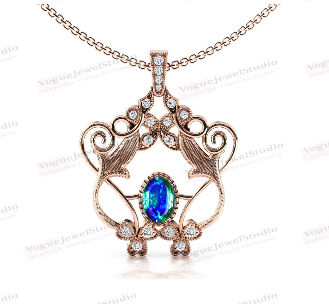 Peacock Quartz Gemstone Pendant for Women Art Deco Leaf Design Necklace ...