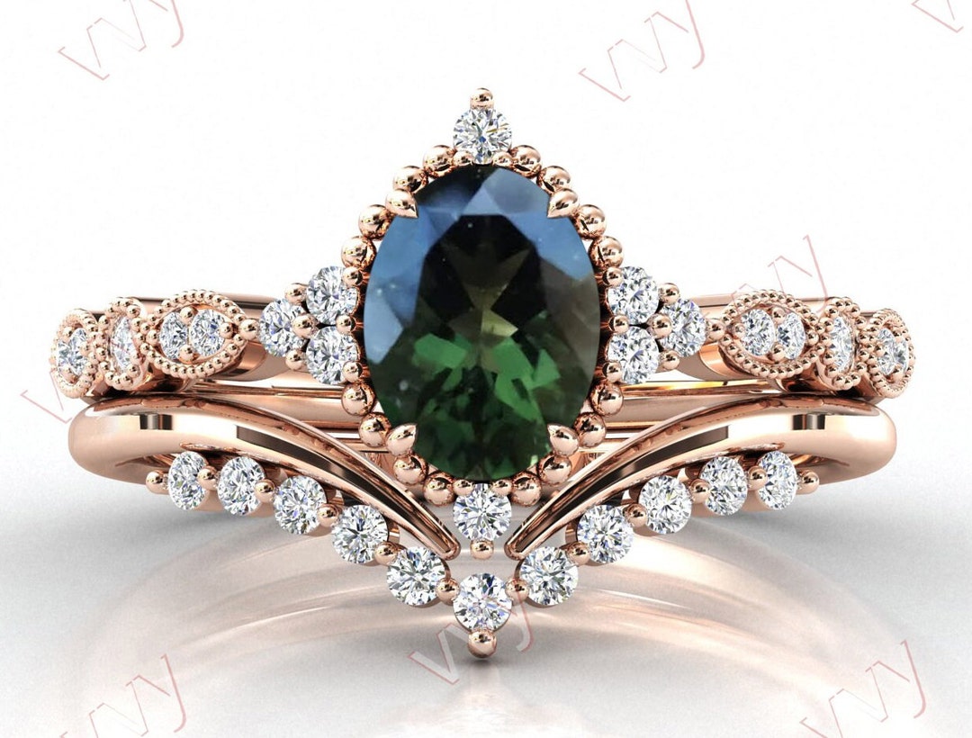 14k Gold Moldavite Engagement Ring Set Vintage Moldavite Bridal Ring ...