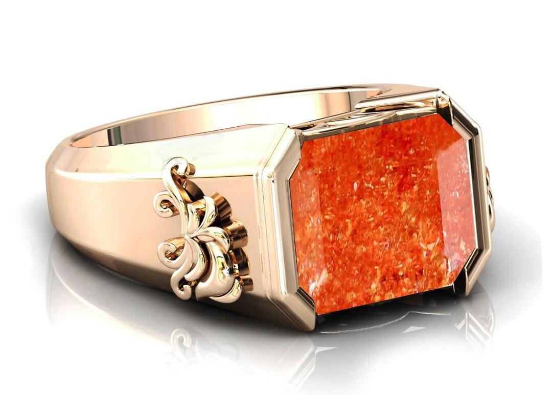 Emerald Cut Sunstone Ring for Men Vintage Sunstone Wedding Ring 14k ...