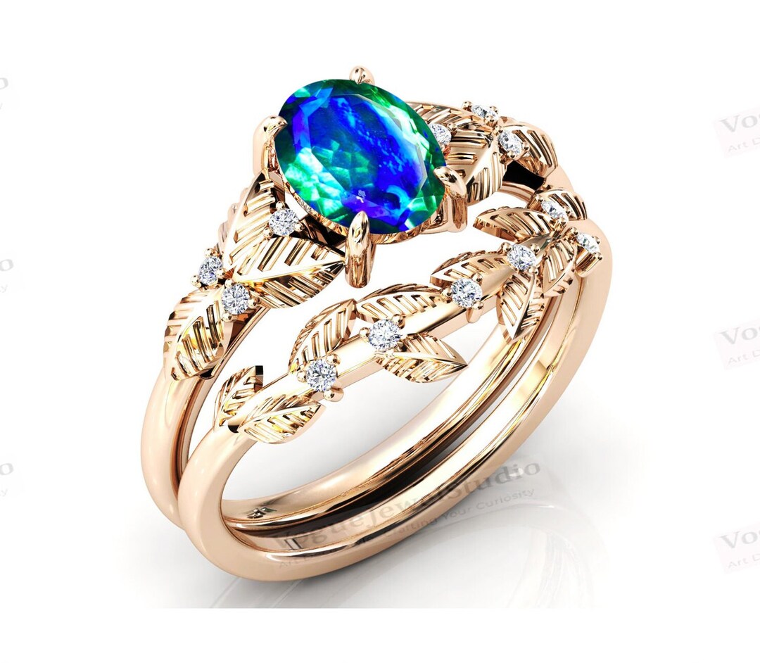 Antique Peacock Quartz Engagement Ring Set 14k Rose Gold Peacock Quartz 2pc Wedding Ring Set Art ...