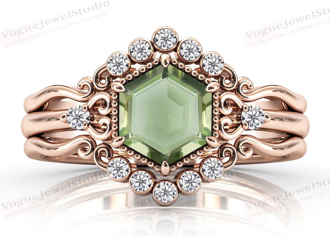 Mint Color Green Amethyst Engagement Ring Set 14k Gold Green Amethyst ...