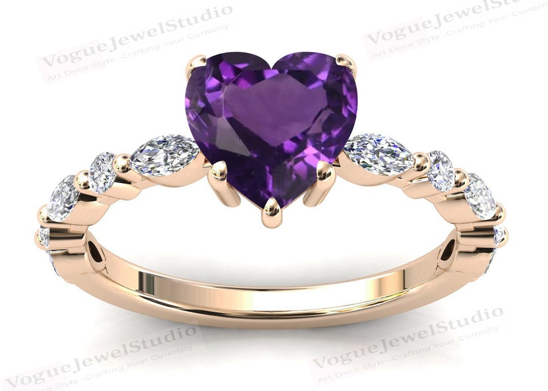 Heart Shaped Amethyst Engagement Ring for Women 14k Rose Gold Amethyst Wedding Ring Art Deco ...