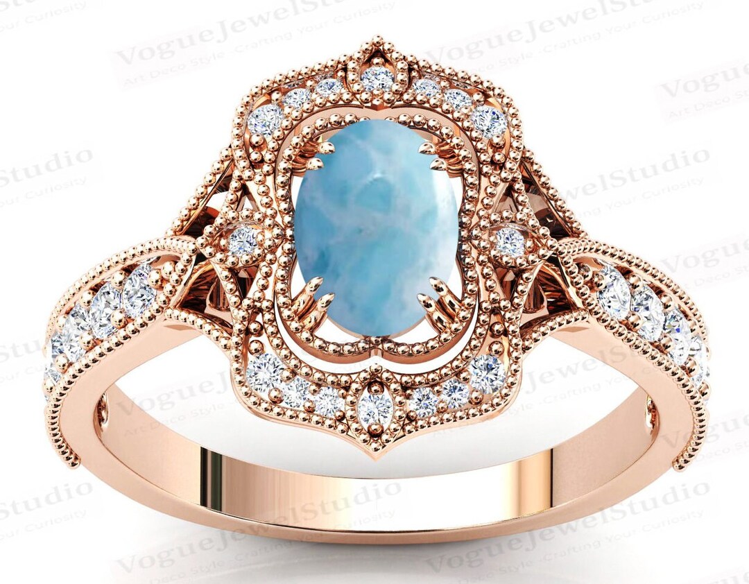 14k Gold Larimar Engagement Ring Oval Cut Larimar Wedding Ring Unique ...