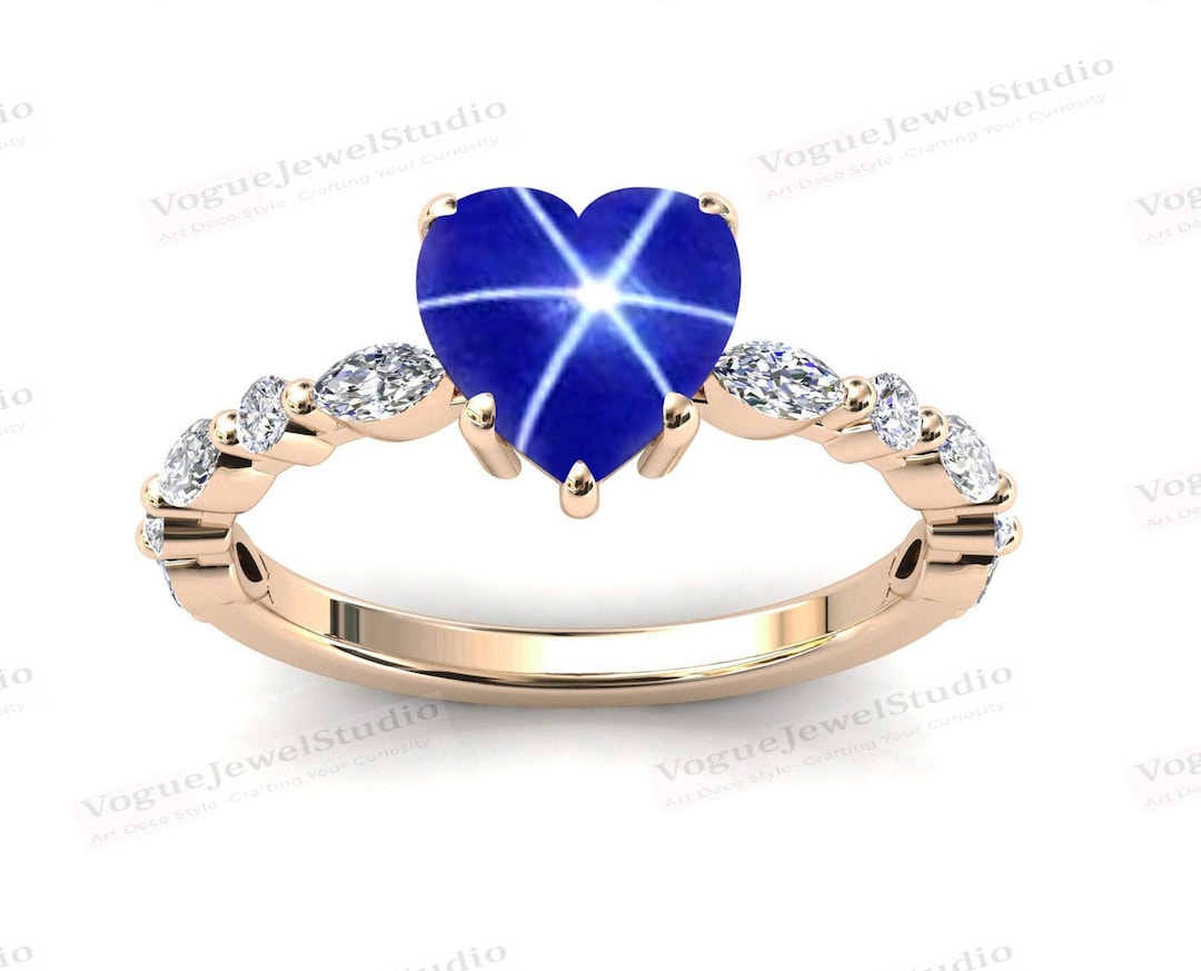 Blue Star Sapphire Wedding Ring 14k Gold Blue Star Sapphire Engagement ...