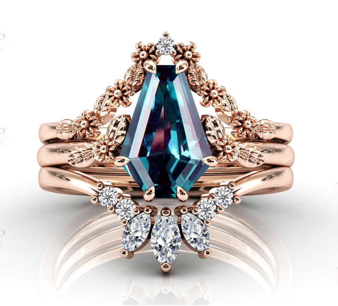 Art Deco Coffin Shaped Alexandrite Engagement Ring Set 14k Rose Gold ...