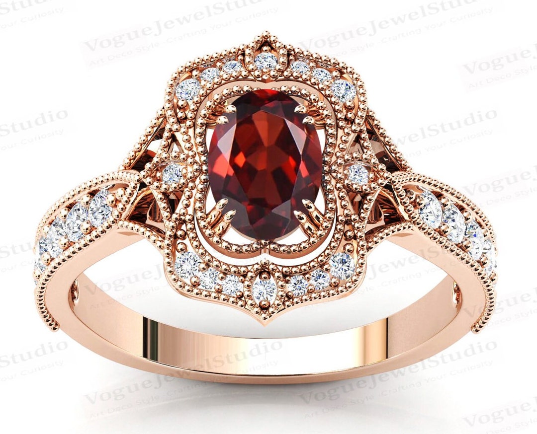 14k Gold Red Garnet Engagement Ring Oval Shaped Red Garnet Art Deco ...