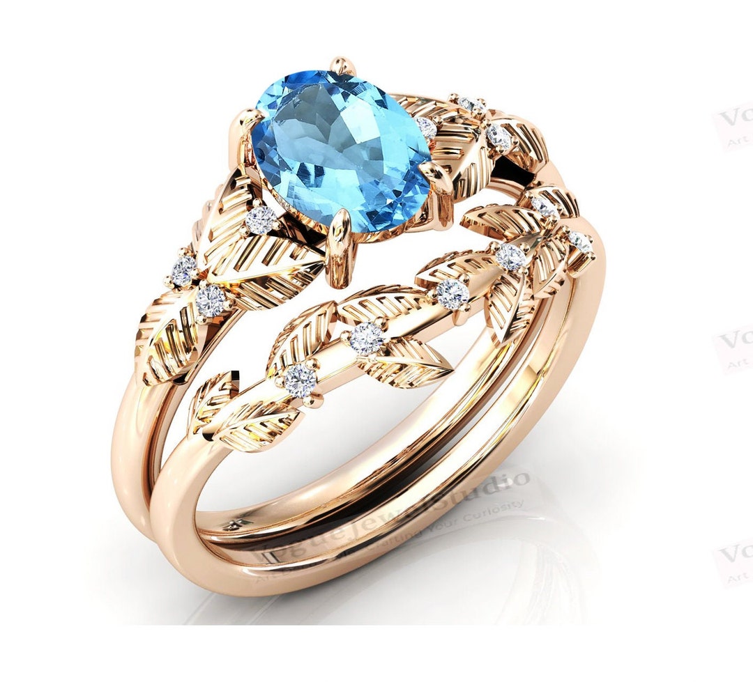 Vintage Sky Blue Topaz Engagement Ring Set Art Deco Leaf Design Blue ...