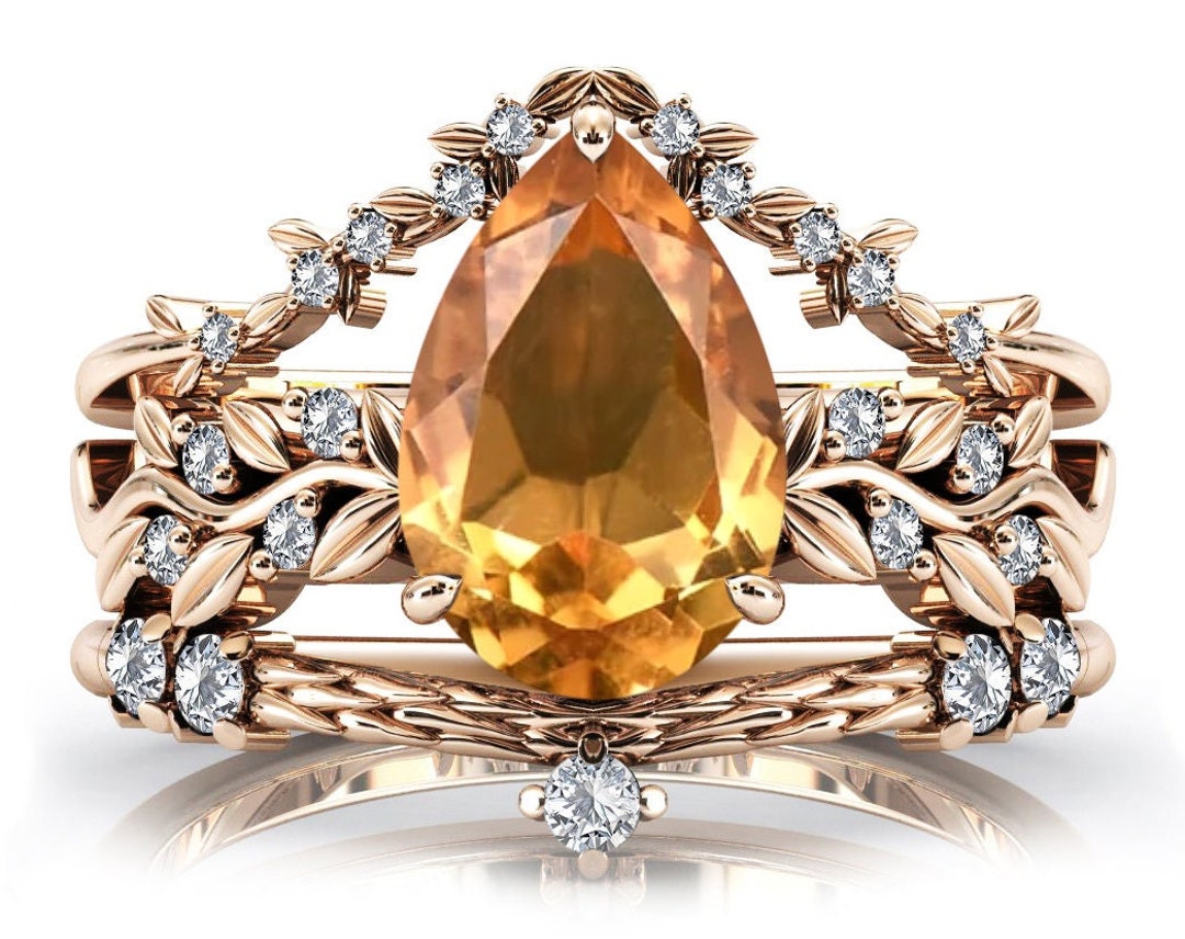 Vine Leaf Design Citrine Engagement Ring Set 14k Gold Citrine Art Deco ...