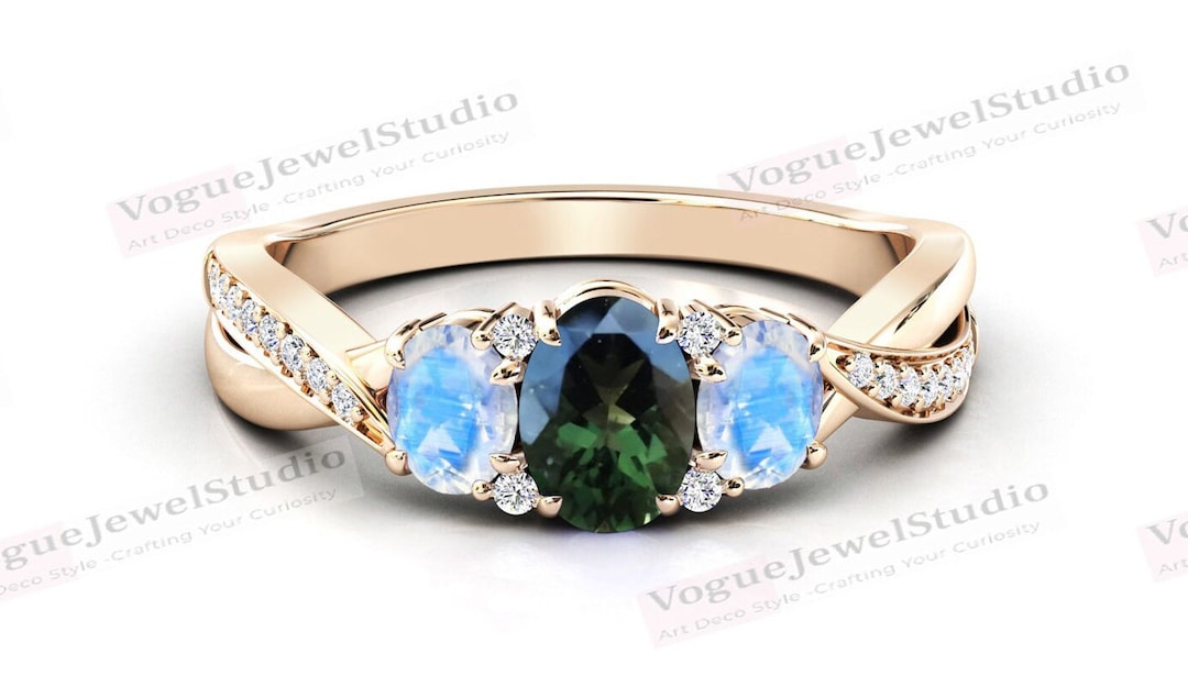 Art Deco Moldavite Wedding Ring for Women 925 Sterling Silver Moonstone ...