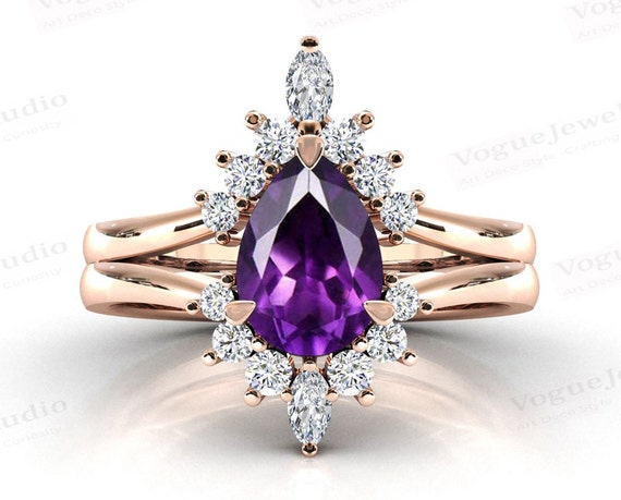 Pear Shaped Amethyst Engagement Ring Set 14k Rose Gold - Etsy