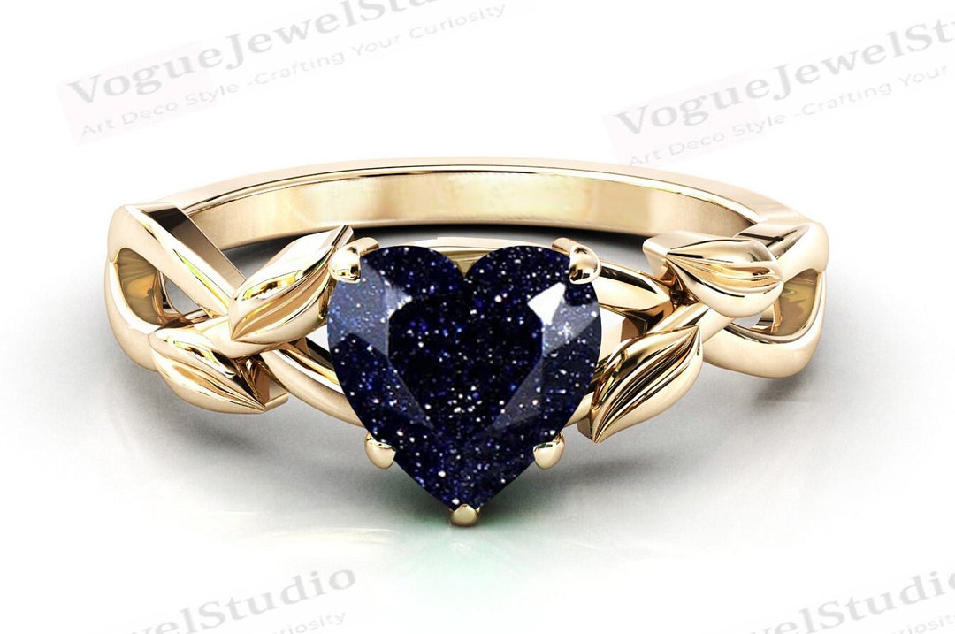 Galaxy Star Blue Sandstone Engagement Ring Art Deco Heart Shaped Blue ...