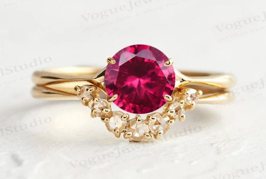 Dainty Red Ruby Engagement Ring Set 14k Rose Gold Ruby Wedding - Etsy