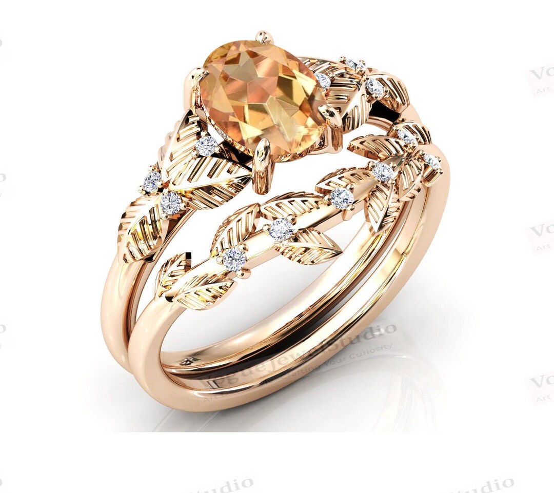 14k Gold Citrine Engagement Ring Set Art Deco Citrine 2 Piece Wedding ...