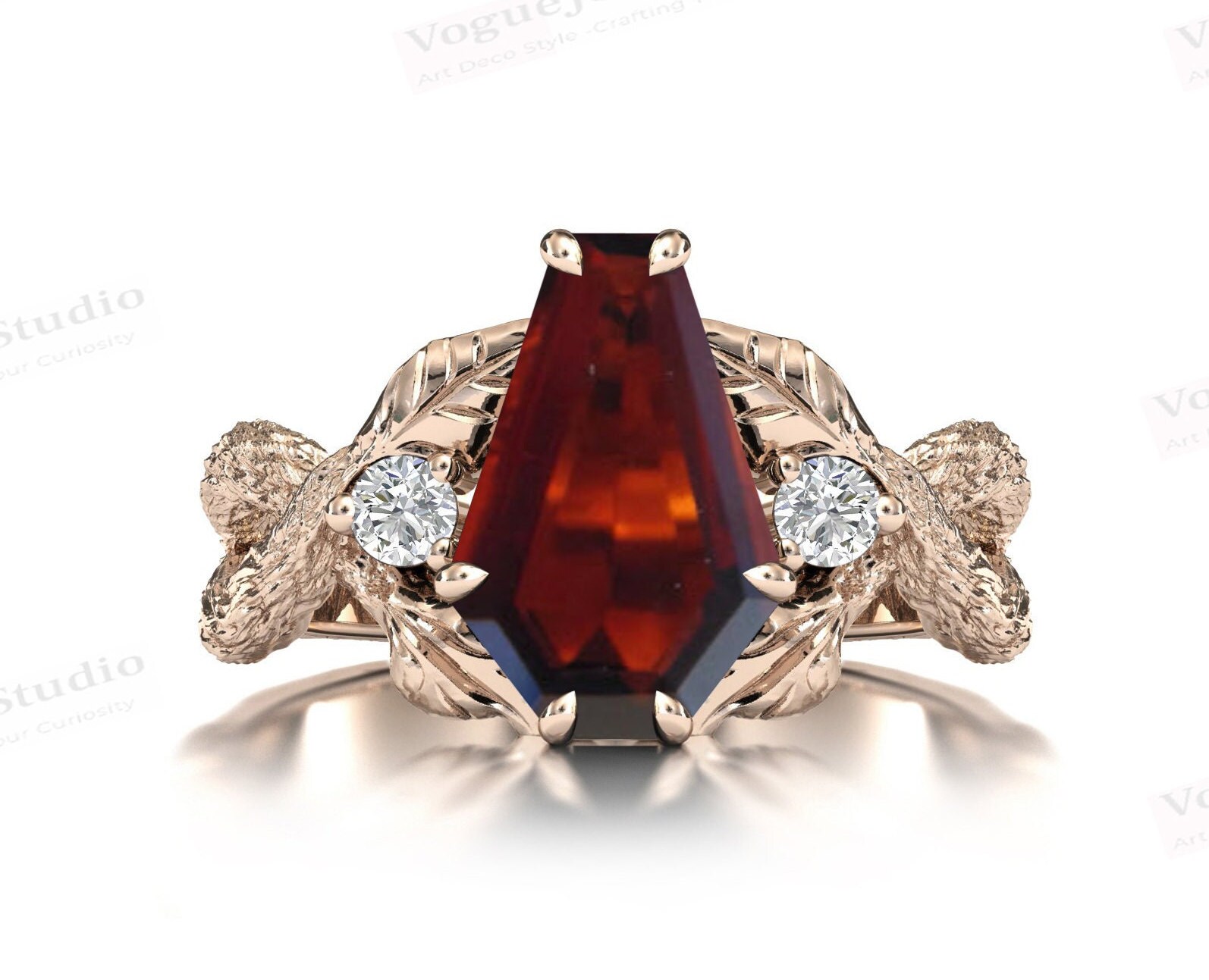 Coffin Shaped Garnet Engagement Ring Nature Inspired Red Garnet Wedding ...