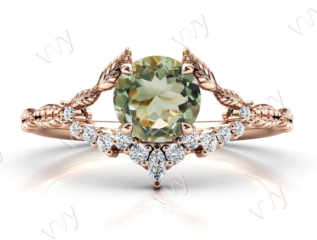 Unique Green Amethyst Engagement Ring 14k Gold Antique Green Amethyst ...