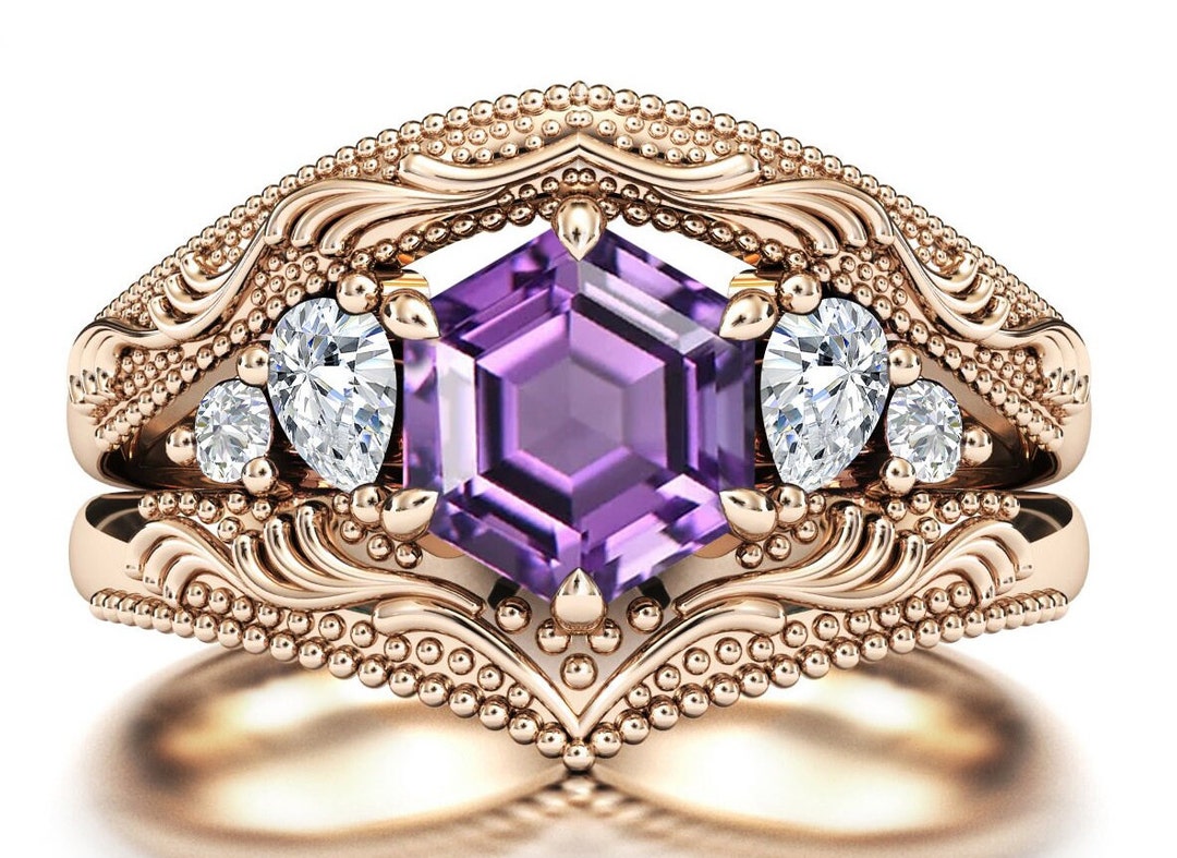 Art Deco Milgrain Amethyst Engagement Ring Set Hexagon Shaped Amethyst ...