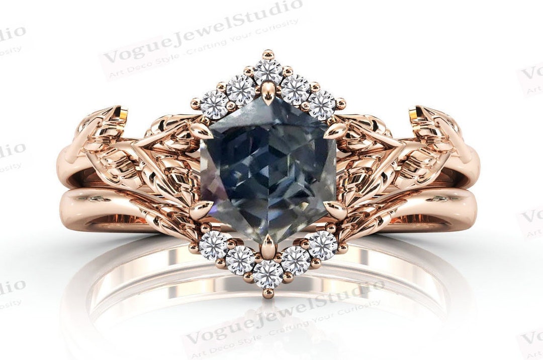 Hexagon Shaped Grey Spinel Engagement Ring Set Antique Leaf Design Grey ...