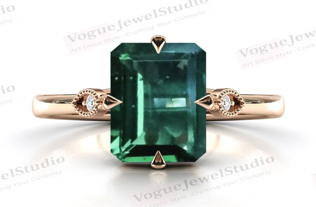 3ct Emerald Cut Moldavite Engagement Ring 14k Gold Moldavite Gemstone ...