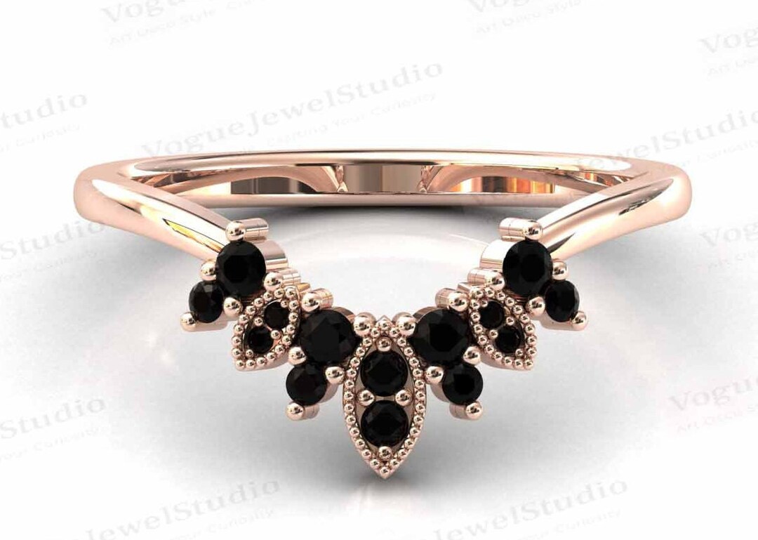 14k Gold Black Spinel Wedding Band Antique Curved Engagement Band for ...