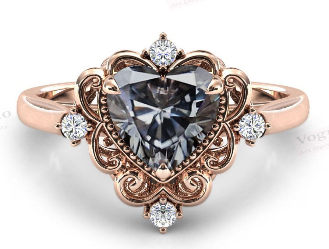 Antique Heart Shape Grey Spinel Engagement Ring Grey Gemstone Ring for ...