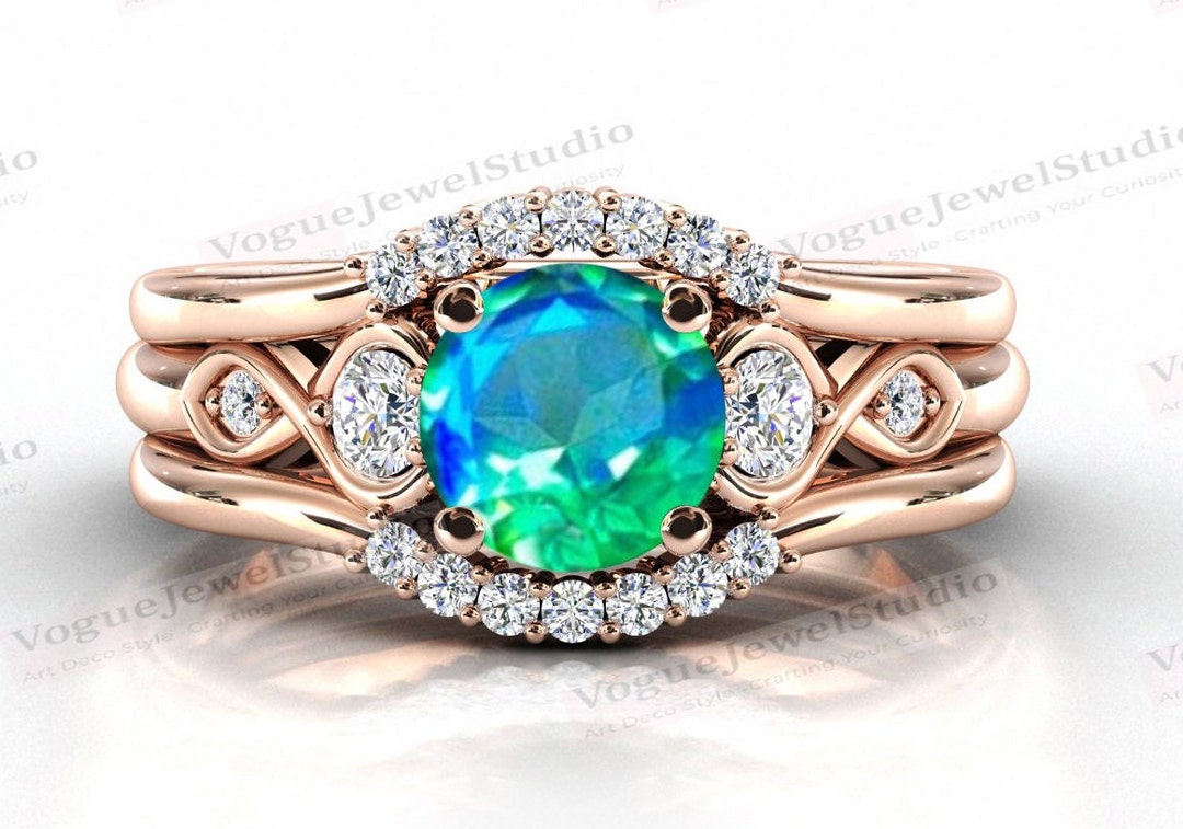 Art Deco Peacock Quartz Engagement Ring Set Bio Color Peacock Quartz ...