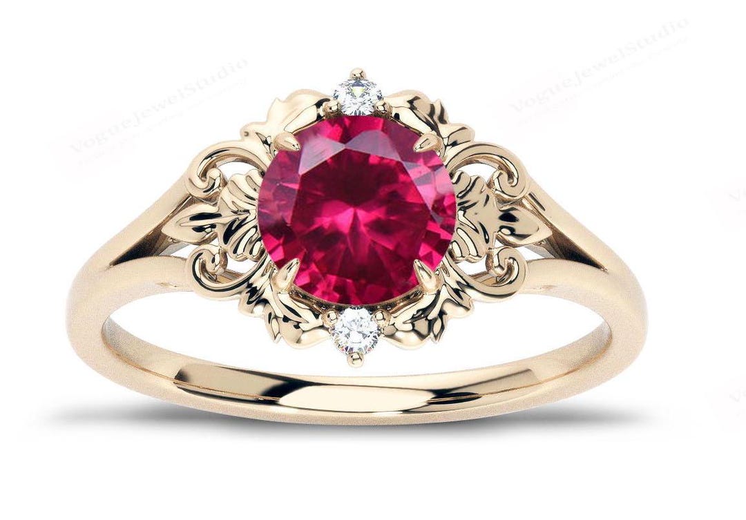 Art Deco Red Ruby Wedding Ring for Women 14k Gold Ruby Engagement Ring Vintage Ruby Bridal ...