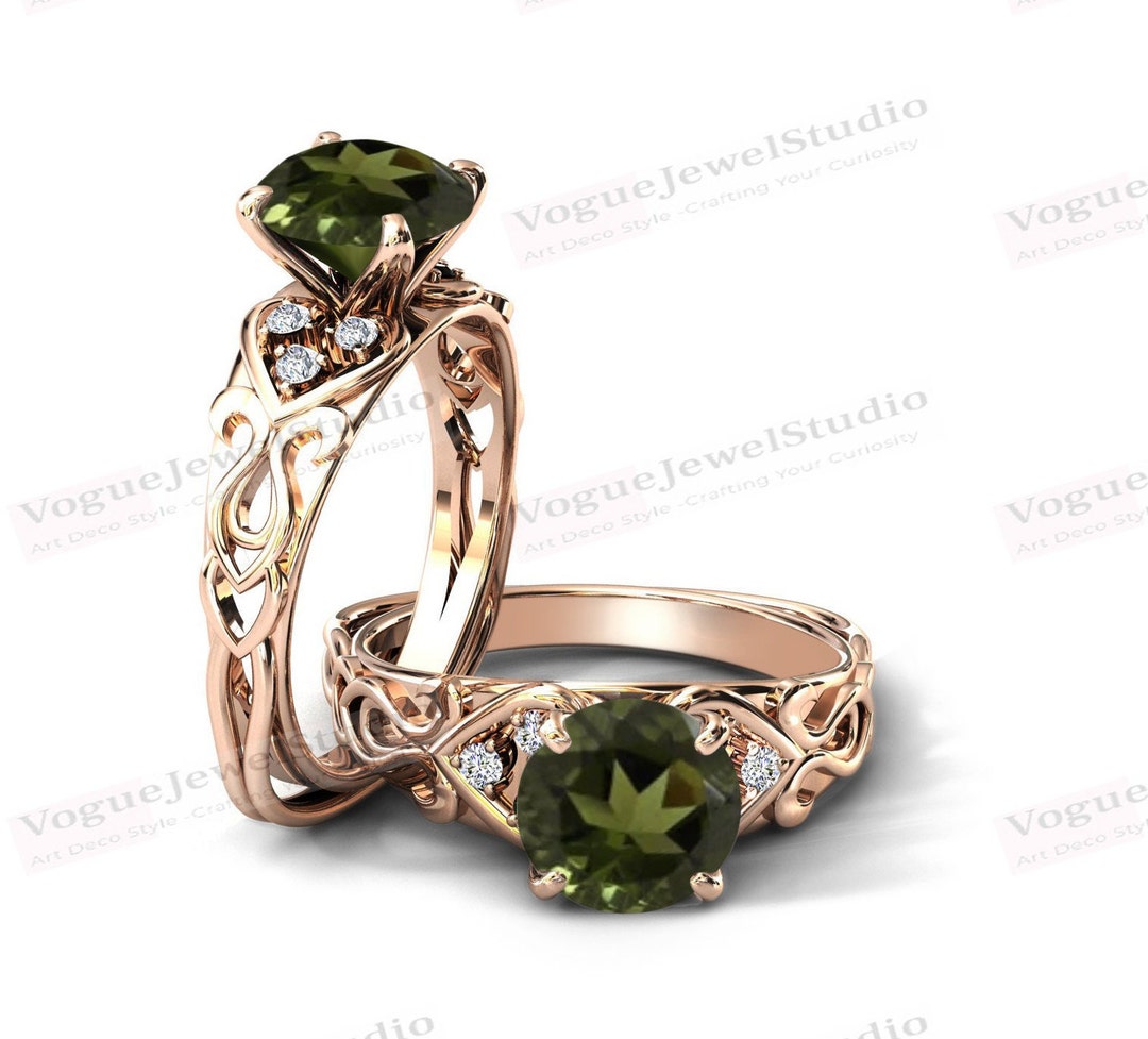 Antique Moldavite Engagement Ring 14k Gold Vintage Moldavite Art Deco ...