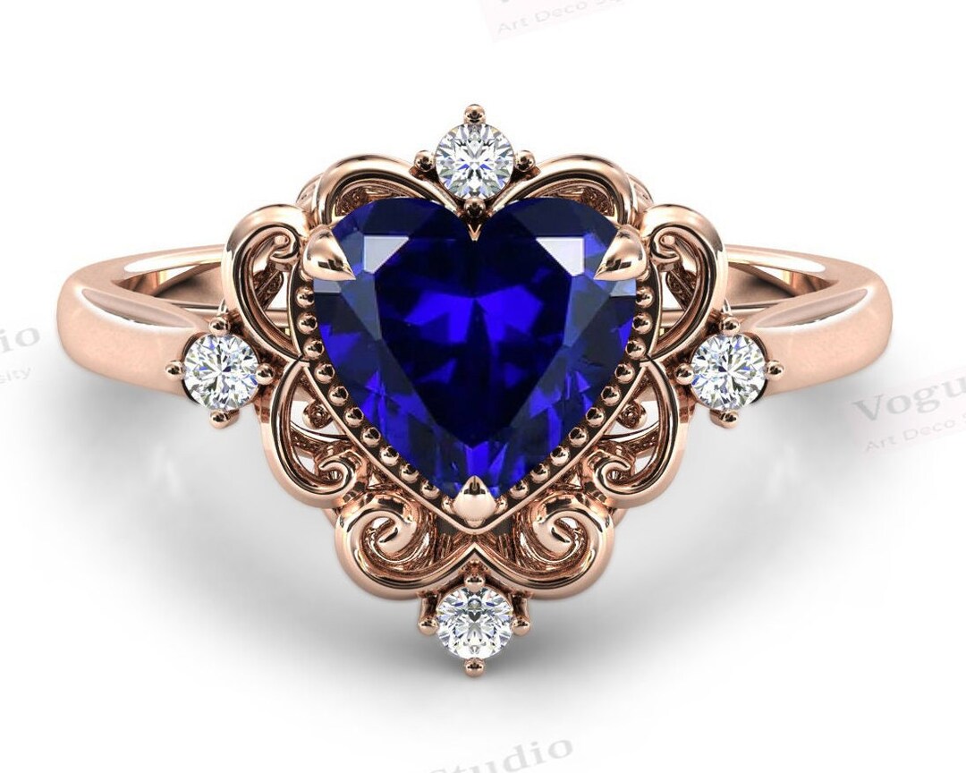 Unique Blue Sapphire Engagement Ring Heart Shaped Blue Sapphire Art ...