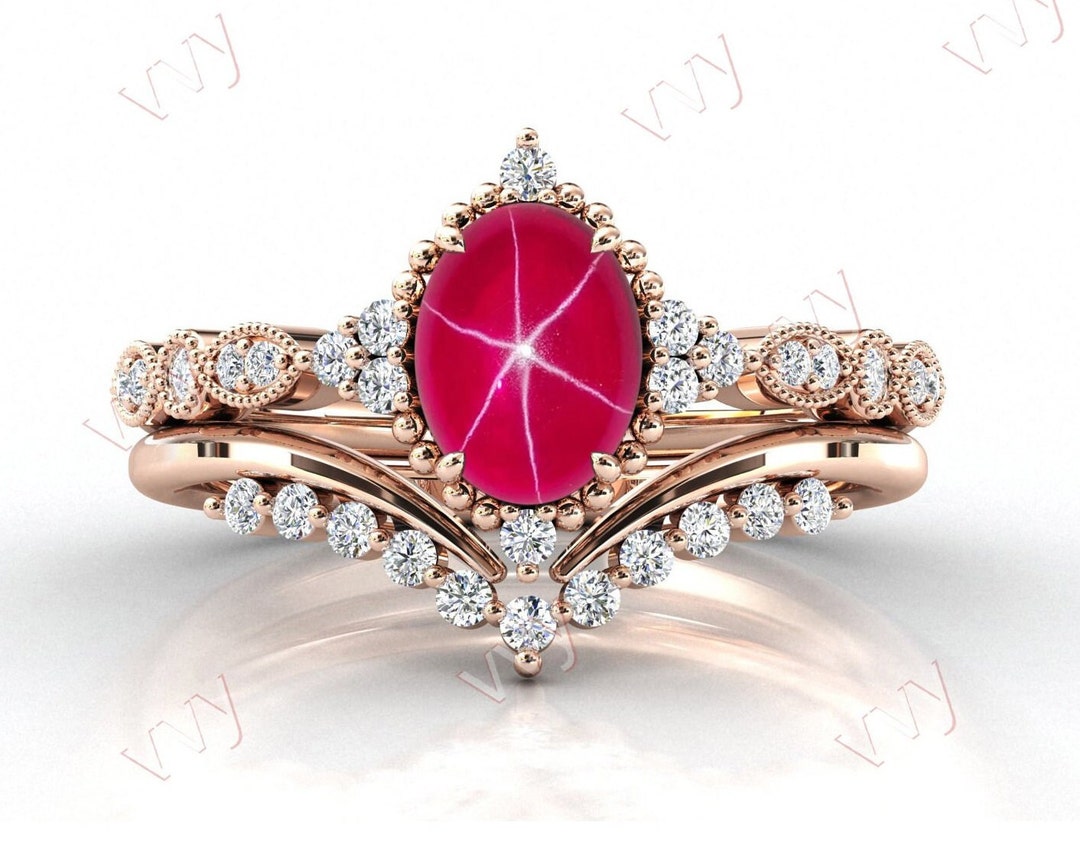 Unique Red Ruby Star Engagement Ring Set Oval Shape Ruby Star Antique ...