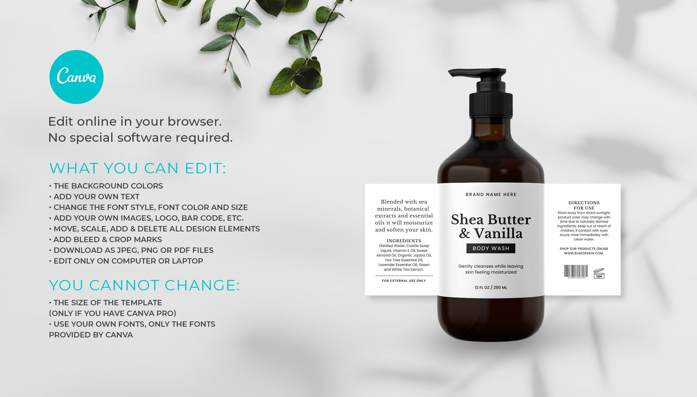 Printable Dispenser Bottle Labels Template Editable Body Wash - Etsy