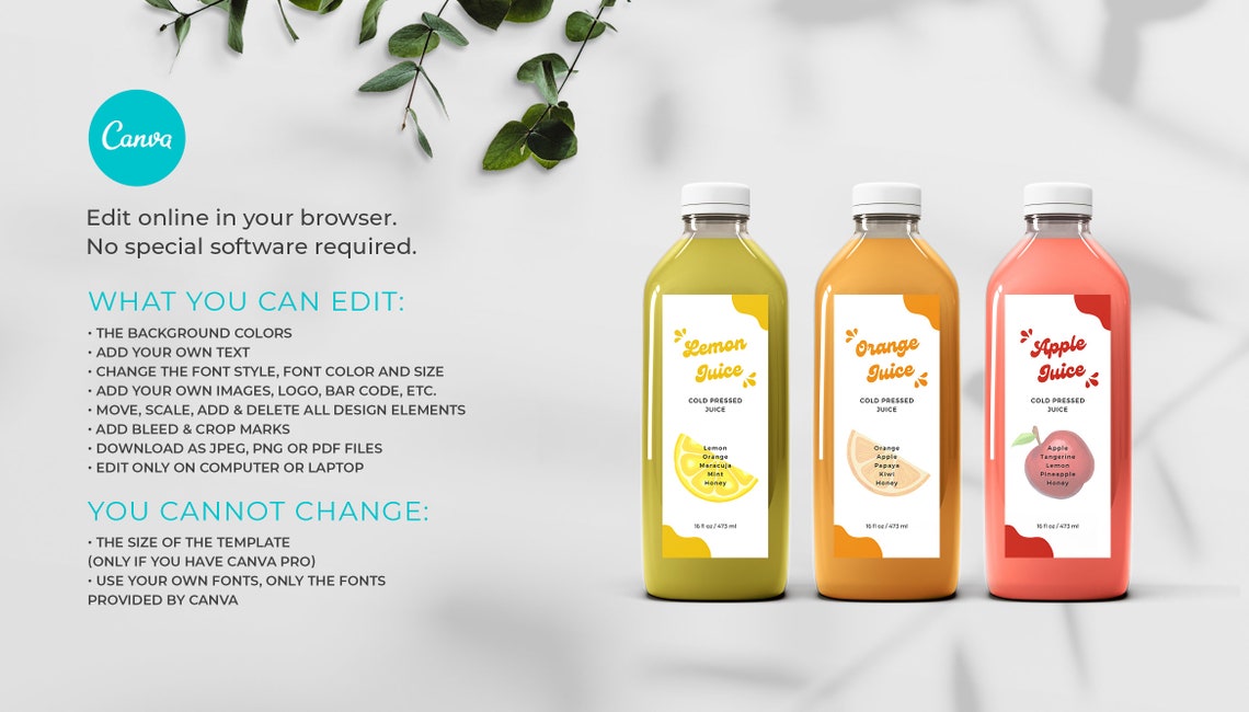 Juice Bottle Label Template Juice Labels Custom Juice - Etsy