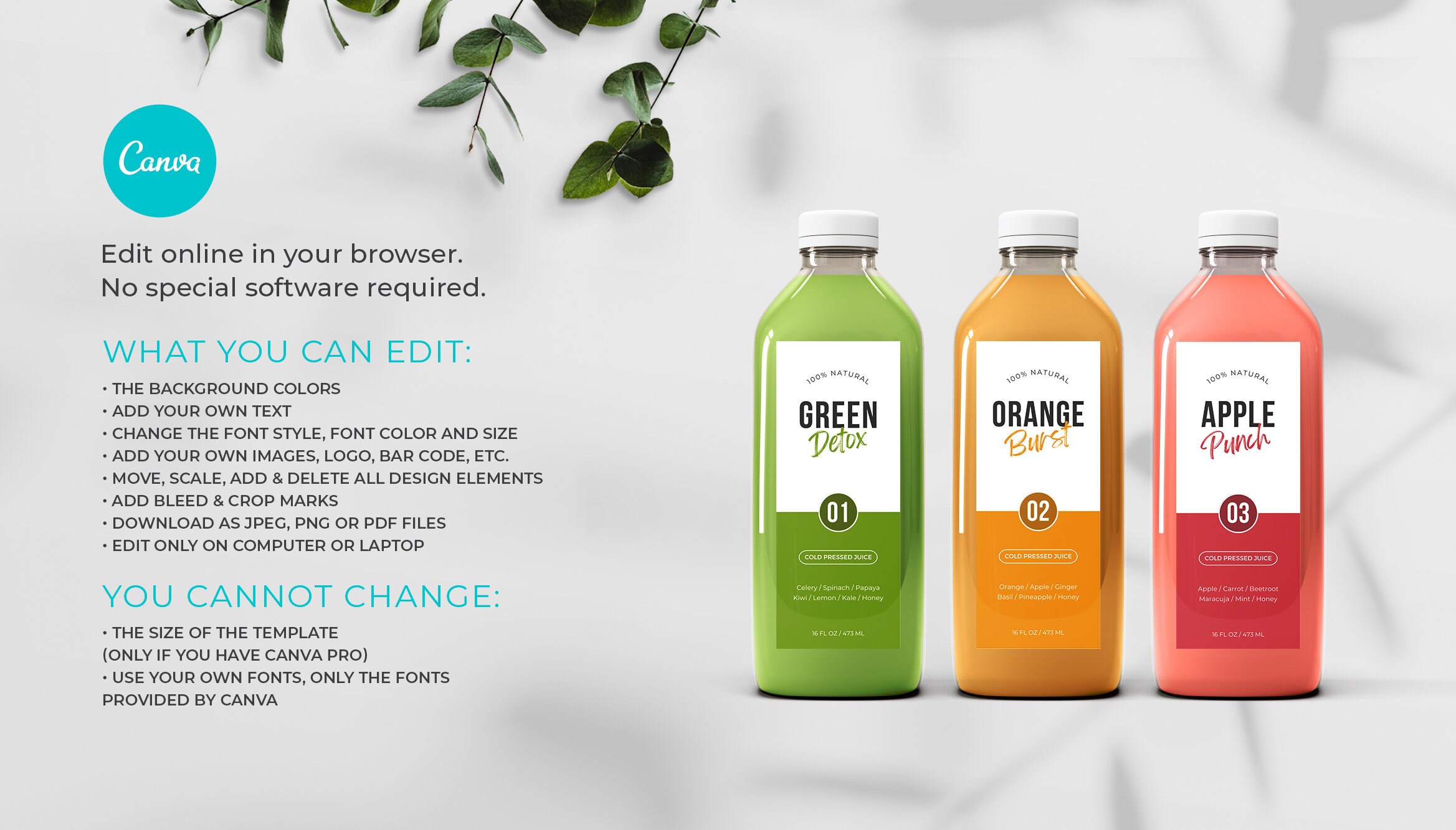 Printable Juice Bottle Label Template, Editable Labels for DIY Juice ...