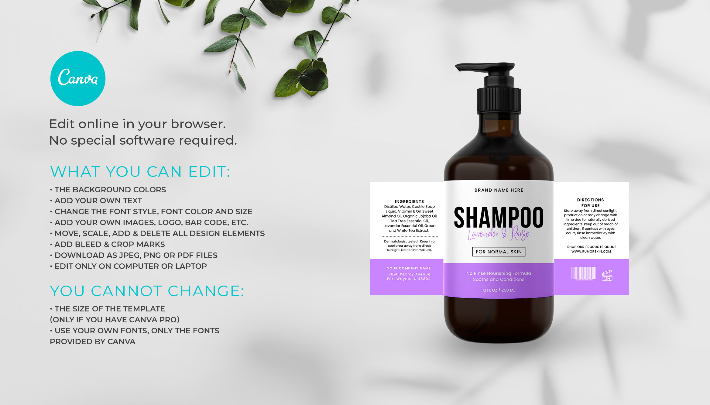 Shampoo Bottle Label Template, Body Wash and Conditioner Labels ...