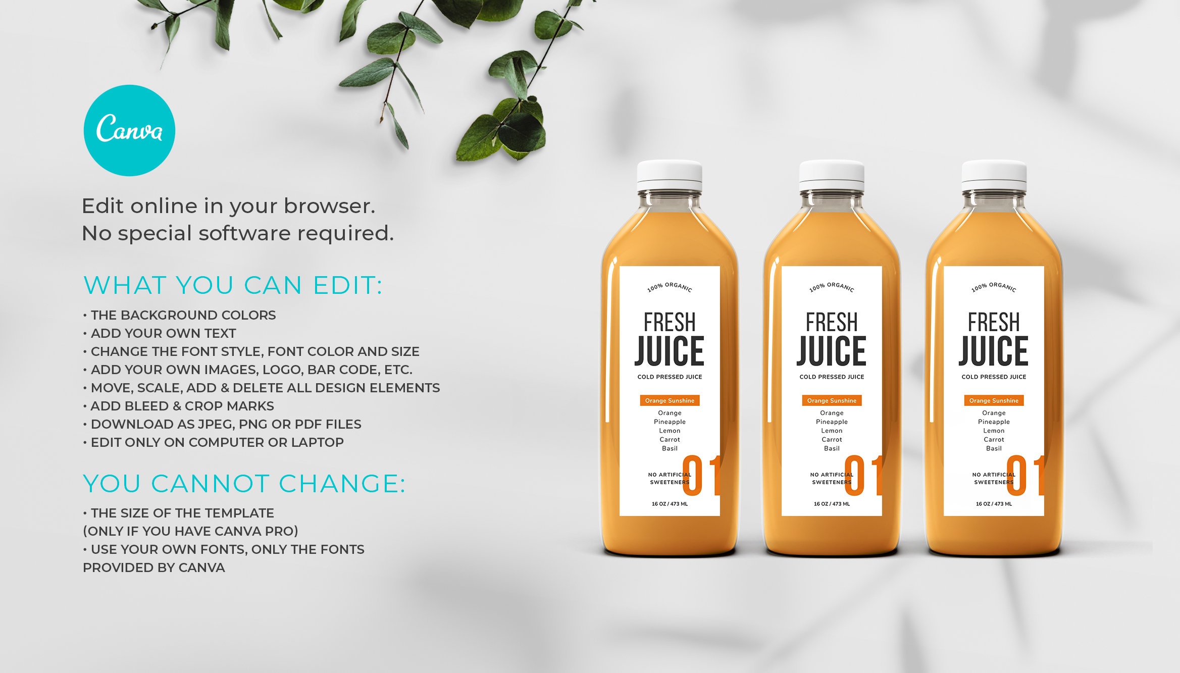 Juice Labels Template, Custom Juice Bottle Label, Canva Raw Juice Label ...