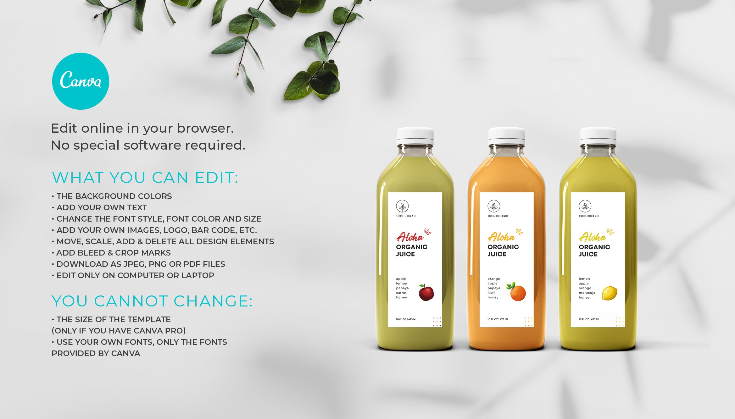 Juice Bottle Labels, Juice Stickers, Editable Juice Labels, Juice Label ...