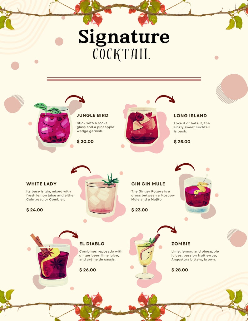 Cocktail Menu I Restaurant Menus I Drink Menu I Event Menu | Party Menus - Etsy Canada