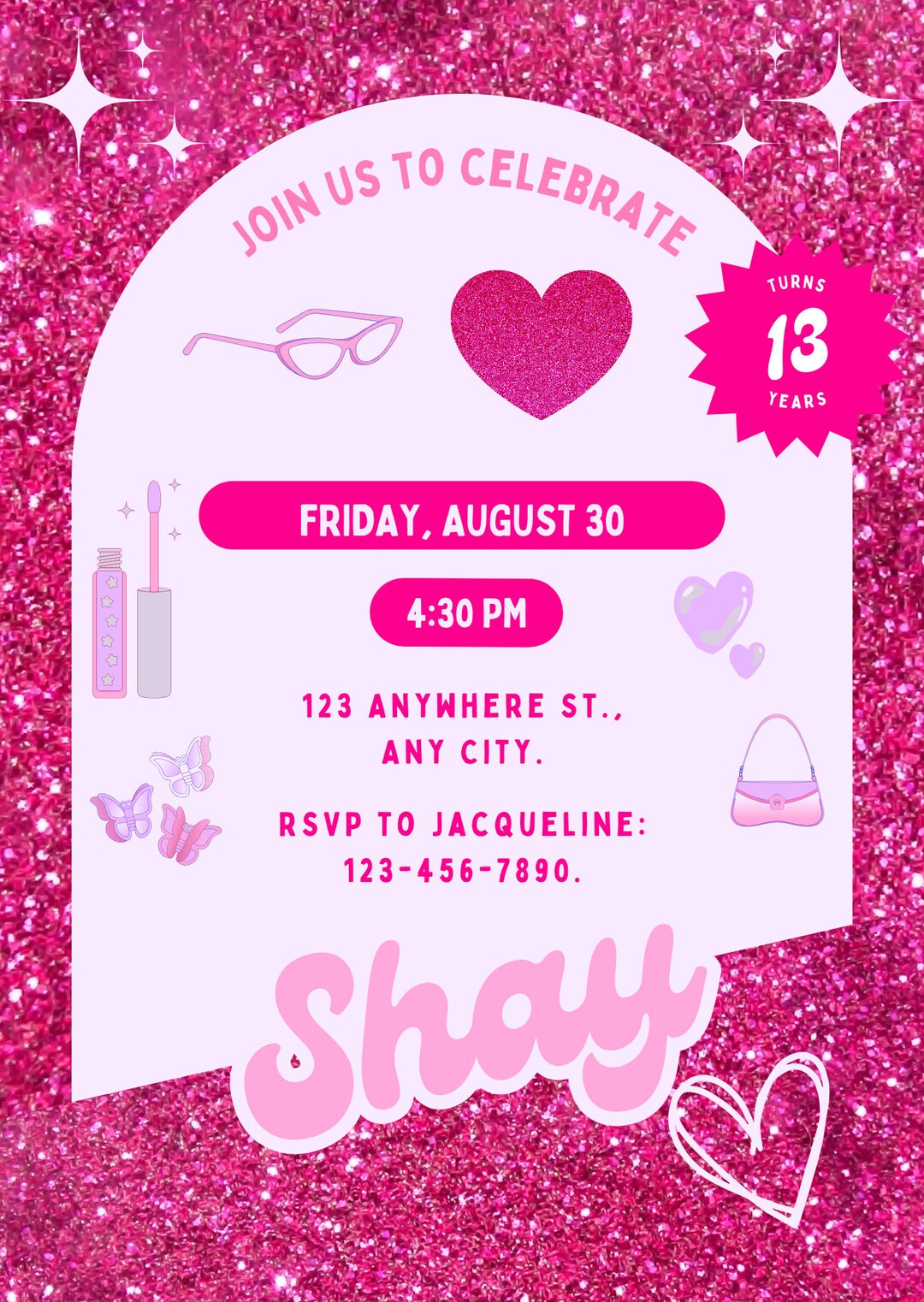 Girl Birthday Invitation | Pink Birthday Card | Glitter Birthday Card ...