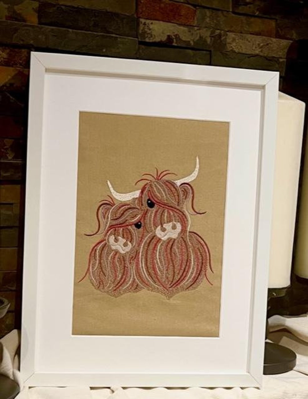 Mctabby-moo Coo and Bairn Highland Cow Embroidered Picture in Frame ...