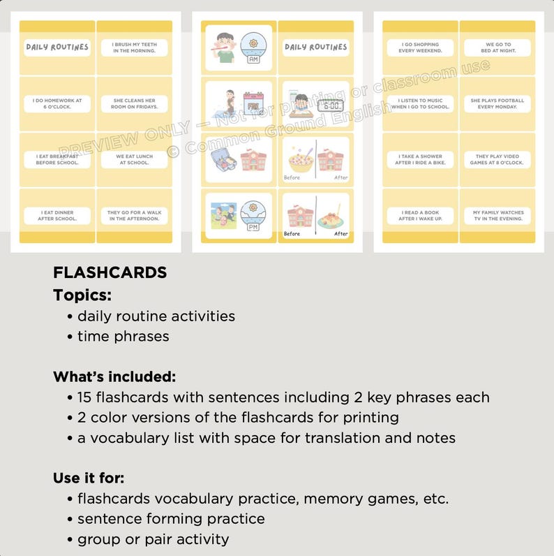 A1 English Daily Routines Bundle: EFL ESL Worksheets, Speaking ...