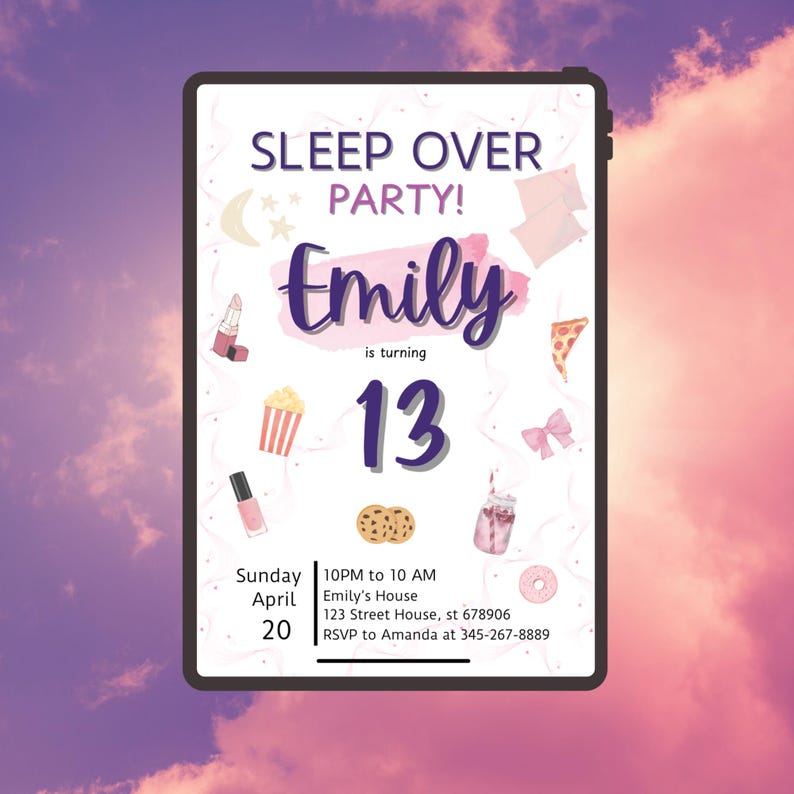 Editable Sleep Over Party Invitation | Pink & Purple Spa Party Invite ...