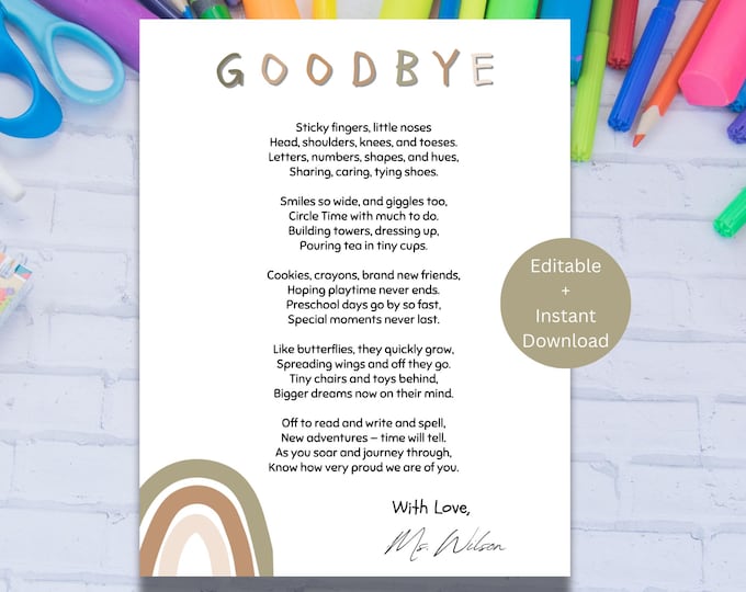 End of Year Poem From Preschool Teacher, Editable Goodbye Letter for ...