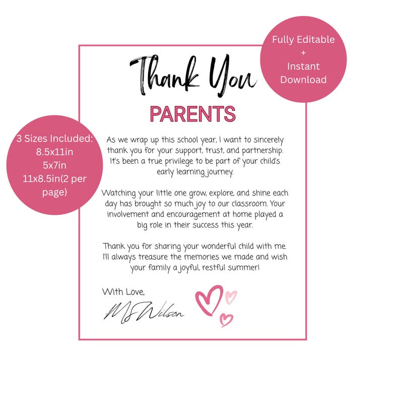 Parent Thank You Letter From Teacher: Editable End of Year Gift (canva ...