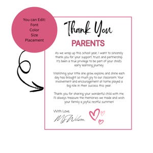 Parent Thank You Letter From Teacher: Editable End of Year Gift (canva ...
