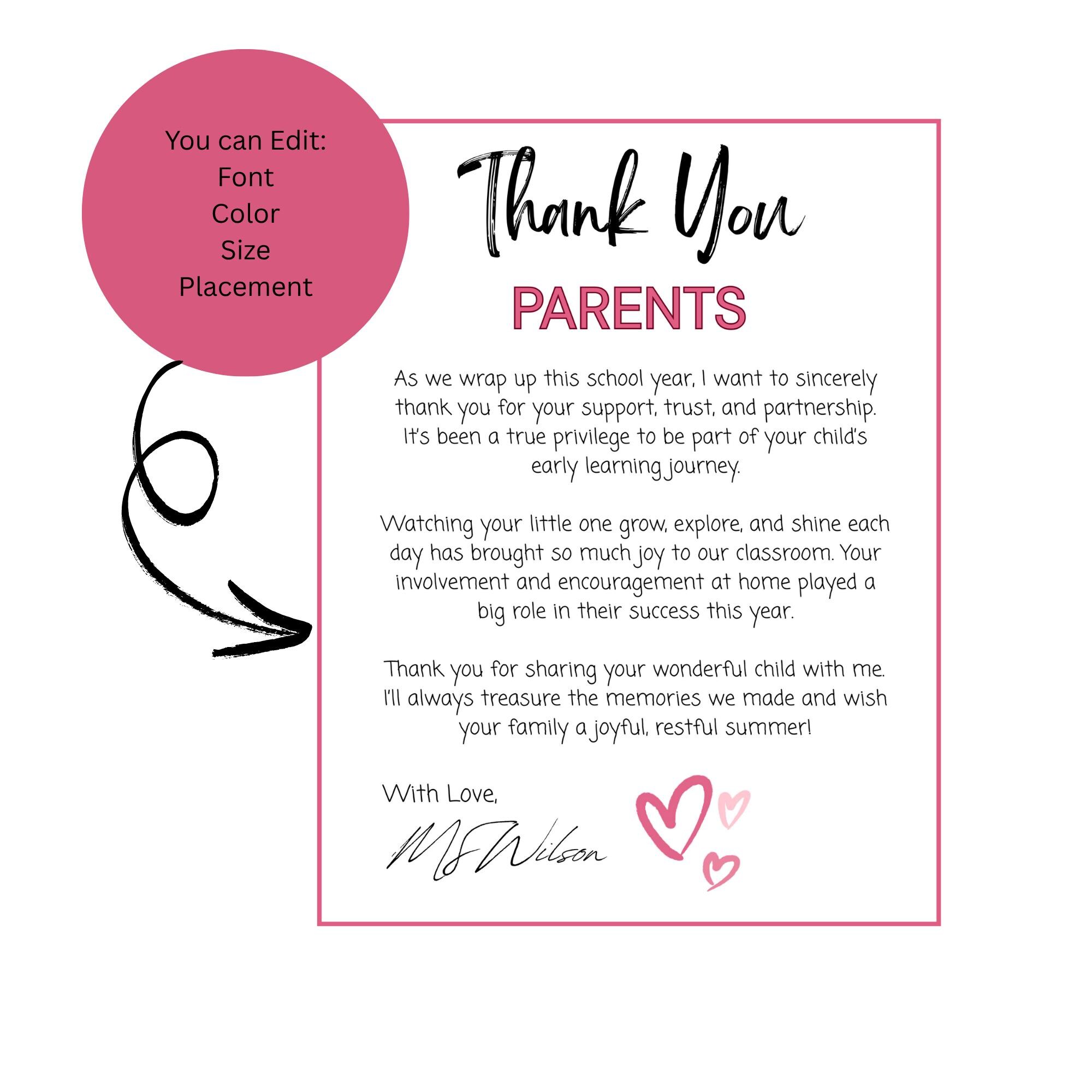 Parent Thank You Letter From Teacher: Editable End of Year Gift (canva ...