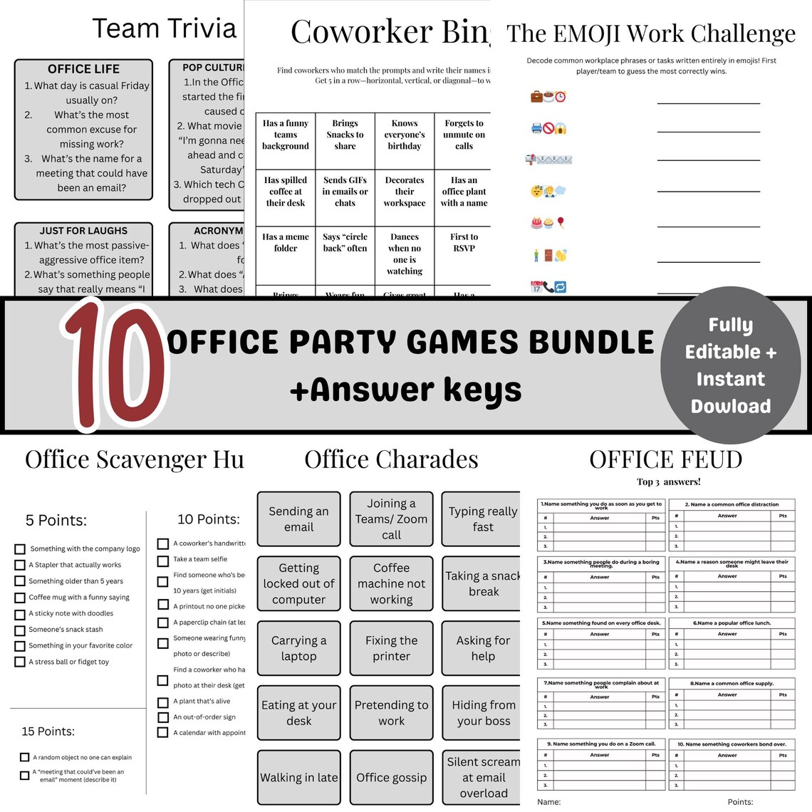 Work Party Games Bundle 10 Printable Office Icebreakers for Team ...