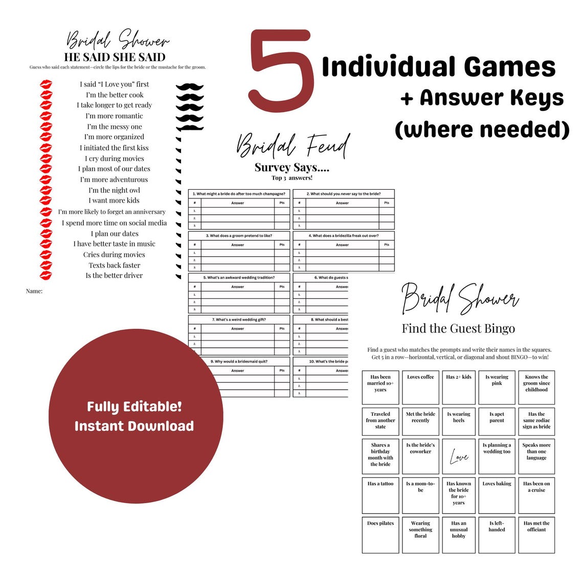 Bridal Shower Game Bundle: 5 Printable Bridal Party Games (digital ...